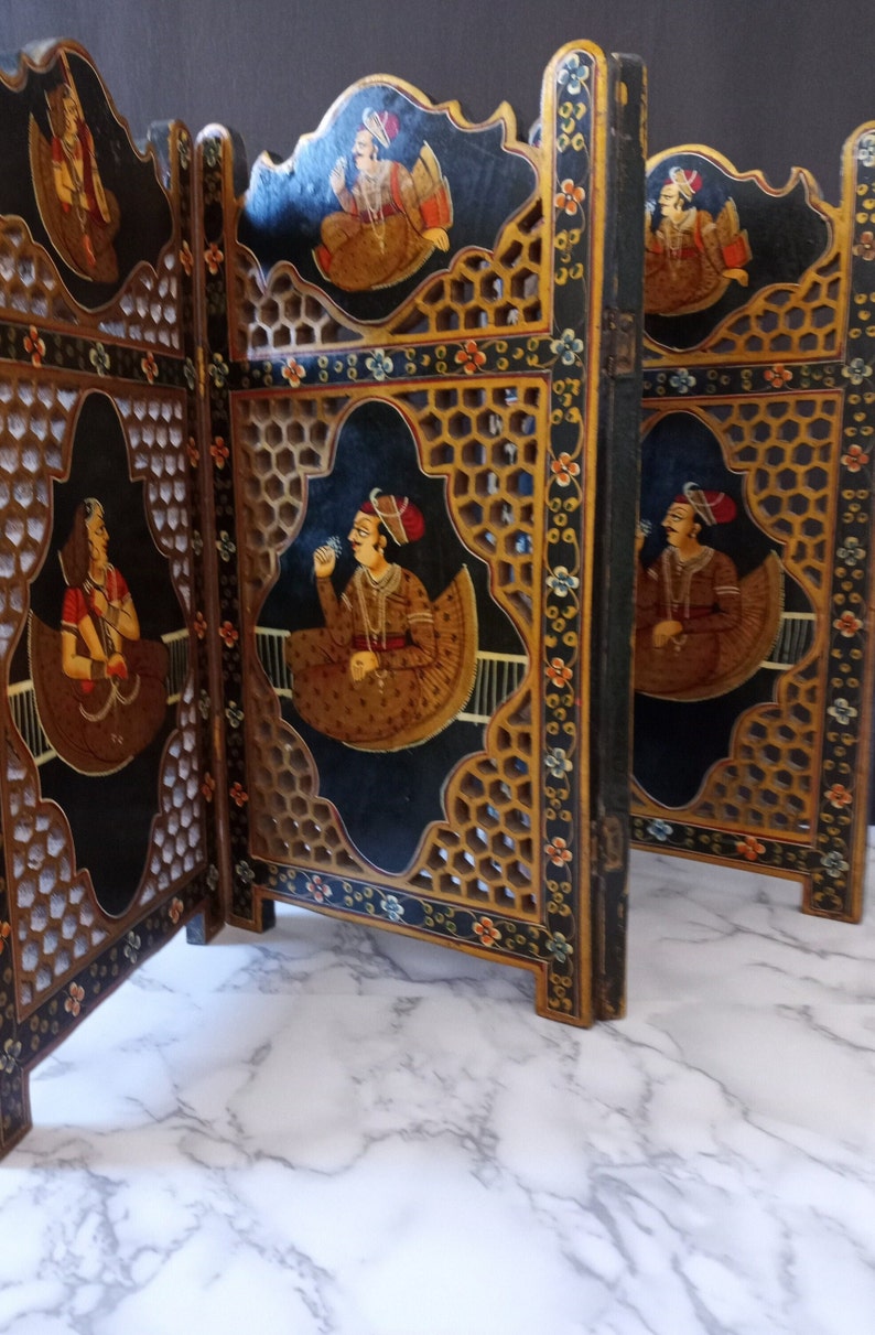 Indian Desk Divider, Vintage Indian Wooden Hand Painted Small Folding ...
