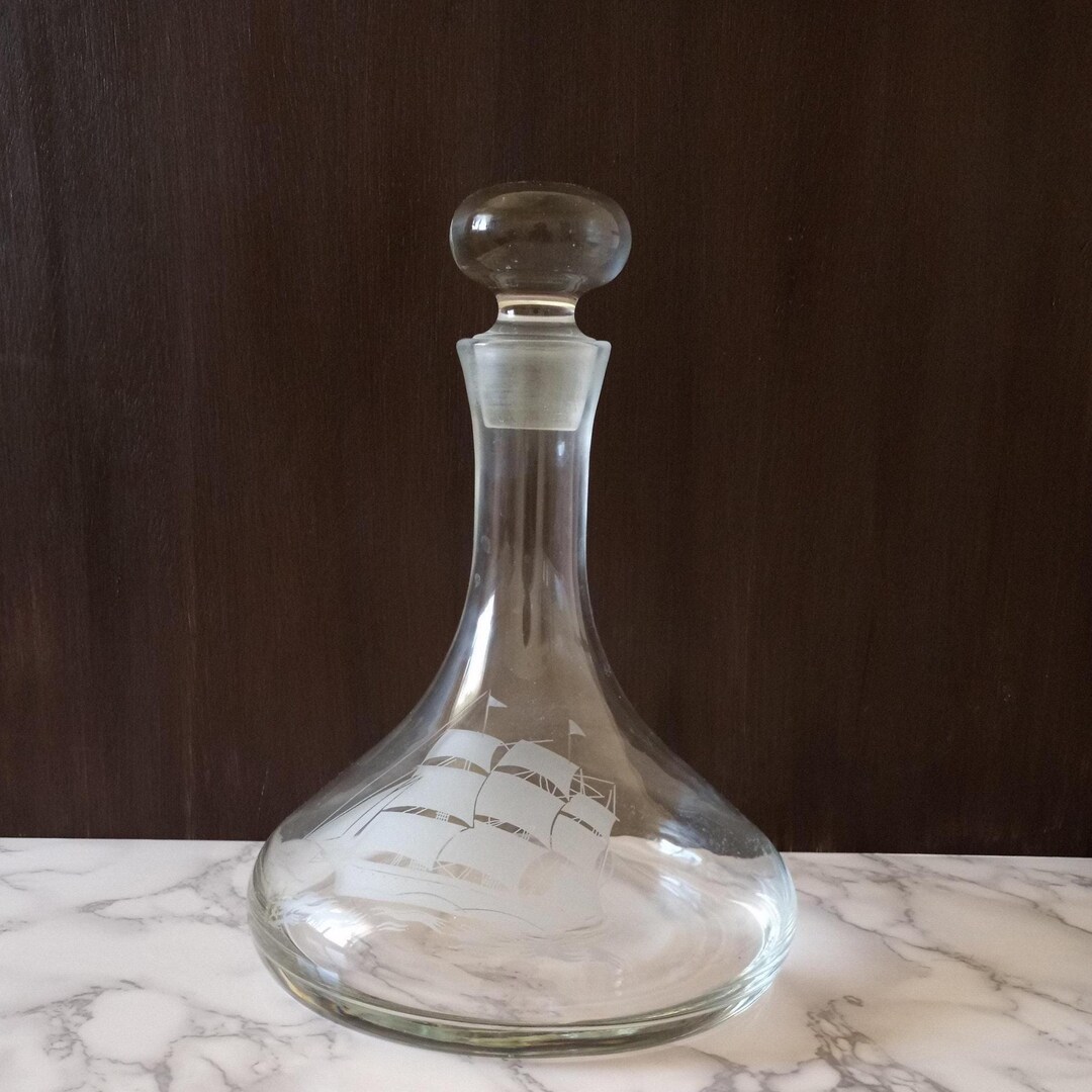 Nautical Glass Decanter, Vintage Toscany Glass Decanter Etched Clipper ...