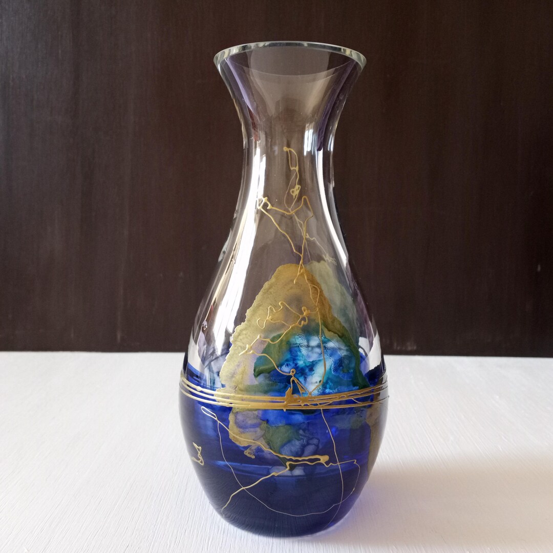 Vintage Romanian Vase, Hand Painted/blue/gold Design Art Glass Vase ...