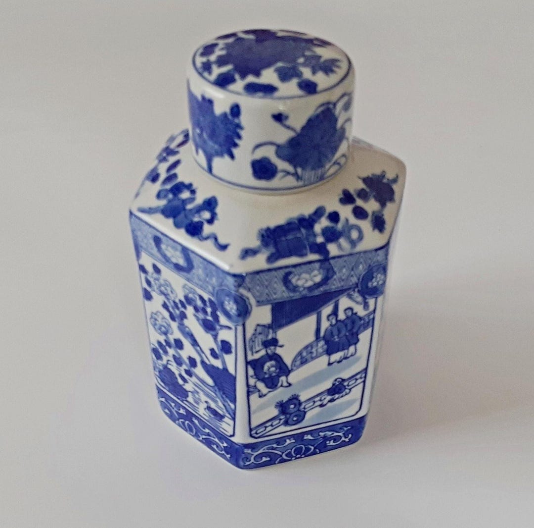 Chinese Tea Jar, Vintage Blue and White Chinese Tea Caddy Porcelain ...