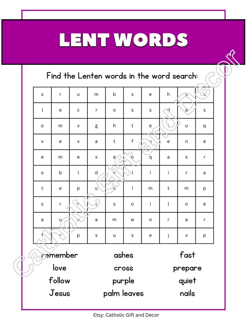 Catholic Lent Activity PDF| Lent Wordsearch | Lent for Kids | Lent ...