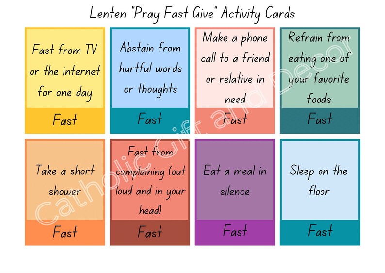 Catholic Lent Activity Cards PDF | Pray Fast Give | Lent Activities for ...