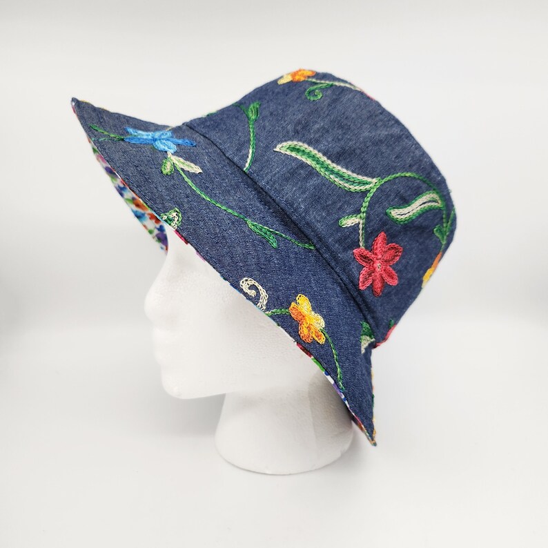 Colorful Floral Embroidered Denim Bucket Hat - Etsy