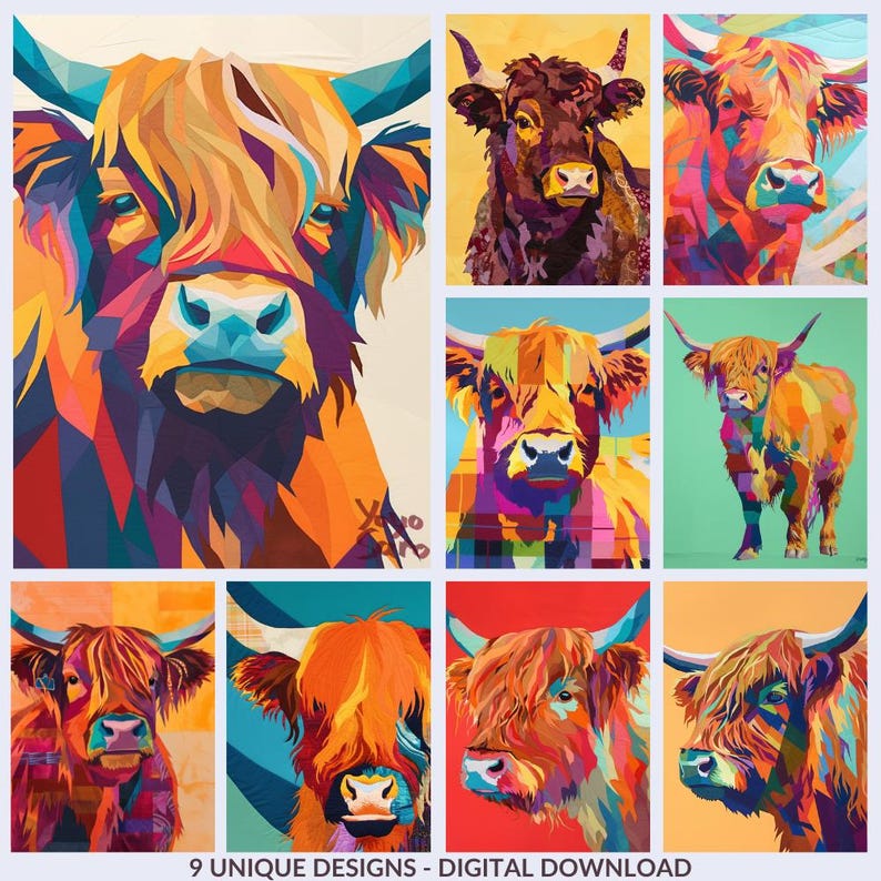 Highland Cow Quilt Art – 9 Digital Prints || Geometric Patchwork Quilt ...