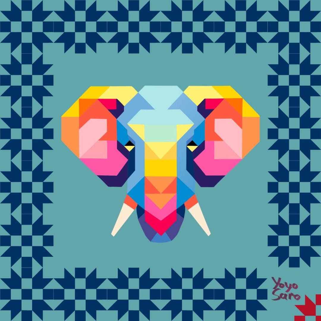 Geometric Elephant Head Digital Quilt Pattern - Colorful Patchwork ...