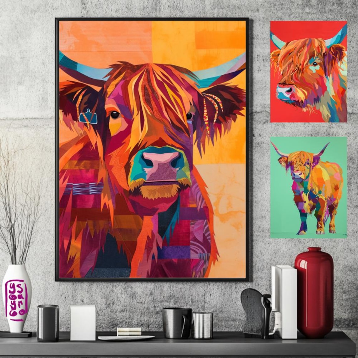 Highland Cow Quilt Art – 9 Digital Prints || Geometric Patchwork Quilt ...