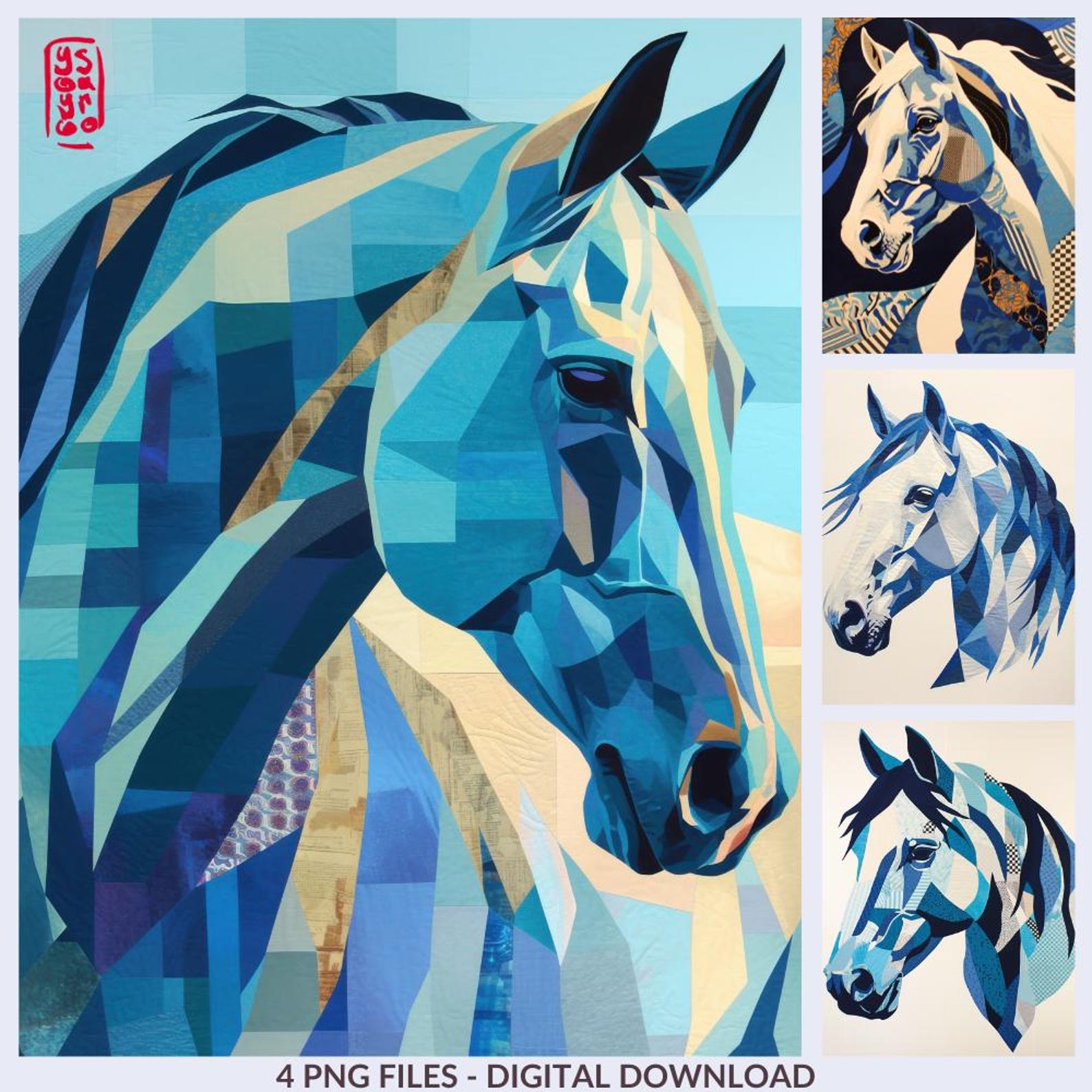 4 Blue Horse Geometric Quilt Art | Quilted Digital Horse Portraits ...