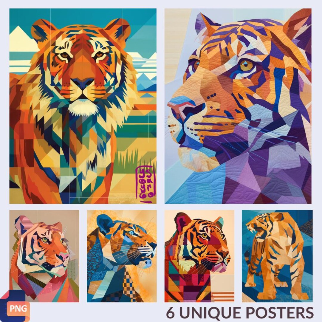 Vibrant Tiger Quilt-inspired Wall Art, Abstract Patchwork Tiger Poster ...