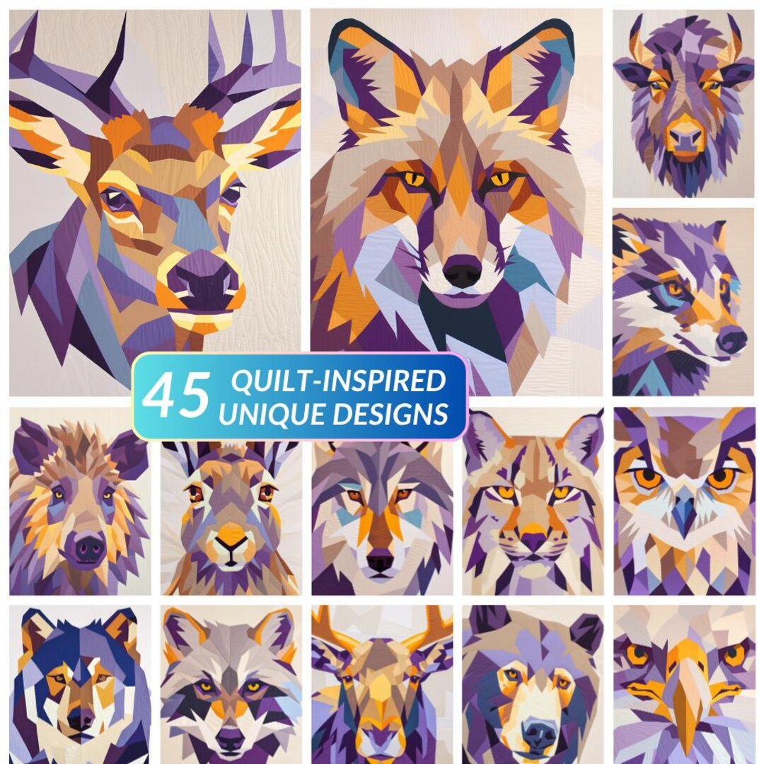 45 Forest Animal Quilt Portraits, Modern Geometric Patchwork Art, FPP ...