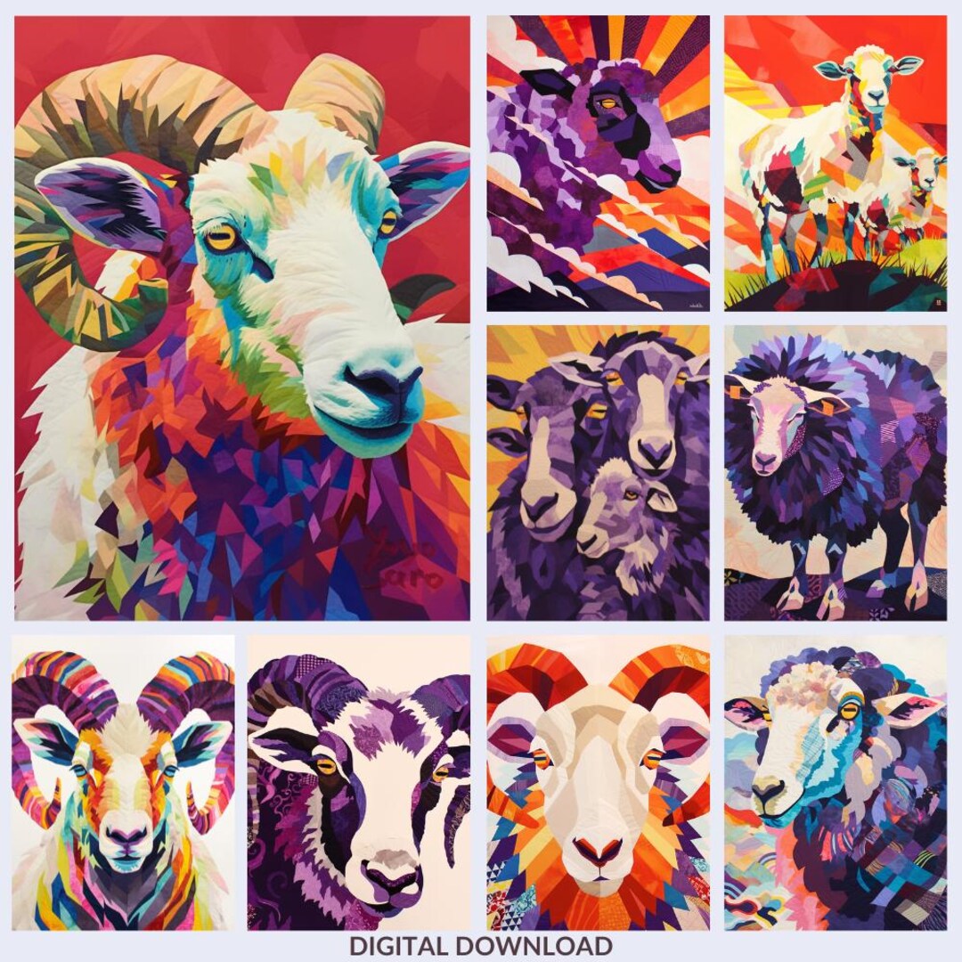 Set of 9 Sheep & Ram Quilt-inspired Prints – Vibrant Patchwork Farm ...