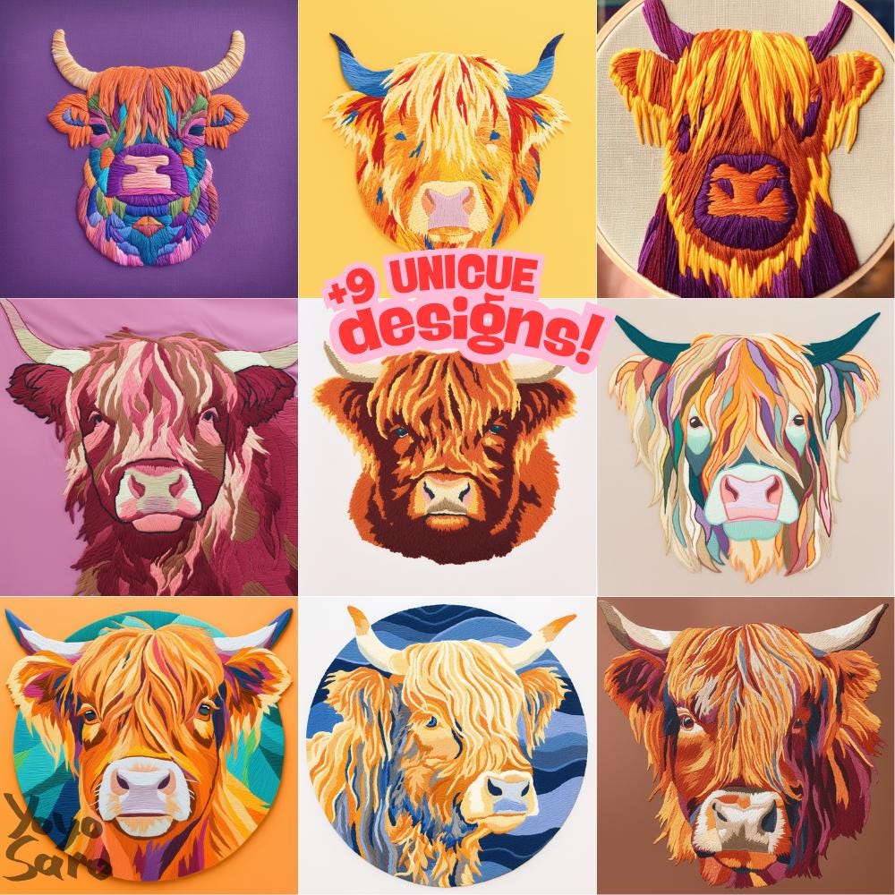 4 Unique Highland Cow Hand Embroidery Patterns in PDF SVG PNG Format ...
