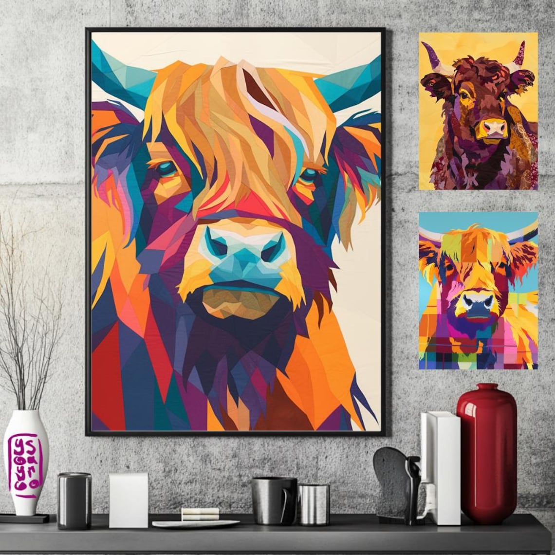 Highland Cow Quilt Art – 9 Digital Prints || Geometric Patchwork Quilt ...