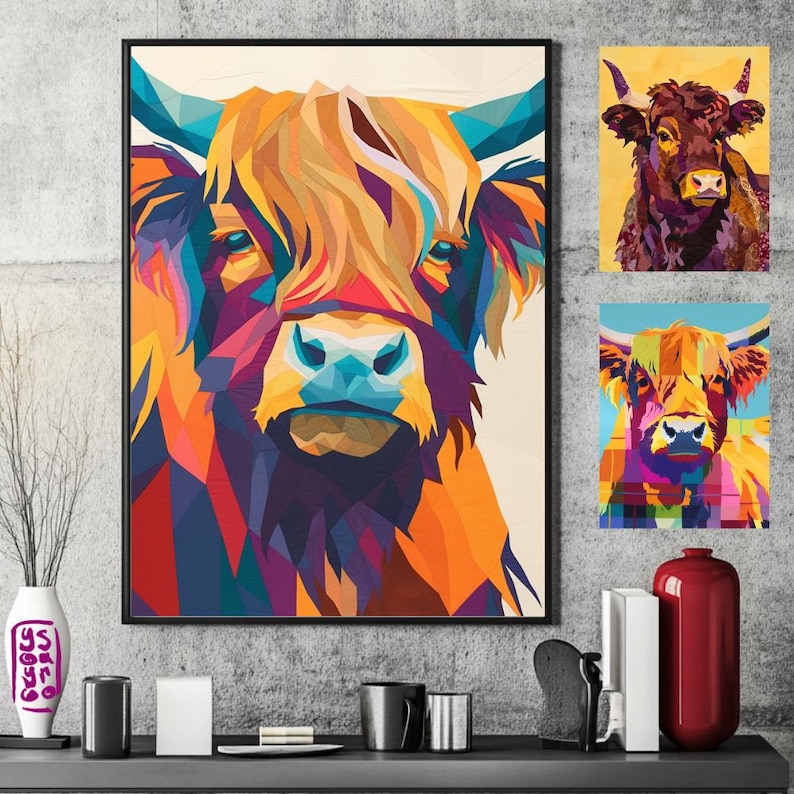Highland Cow Quilt Art – 9 Digital Prints || Geometric Patchwork Quilt ...