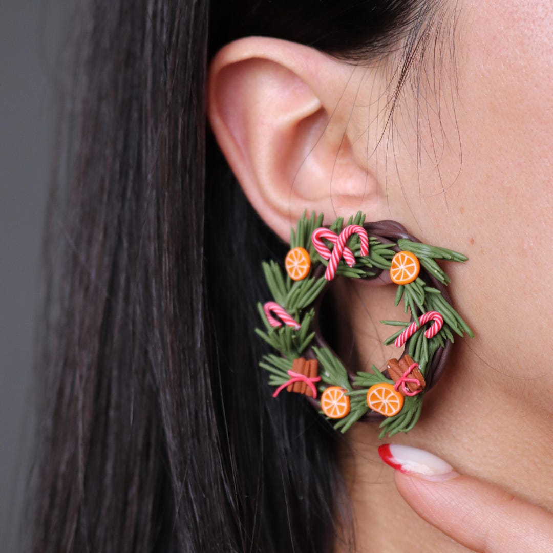Polymer Clay Christmas Wreath Earrings, Christmas Gift for Her, Polymer ...