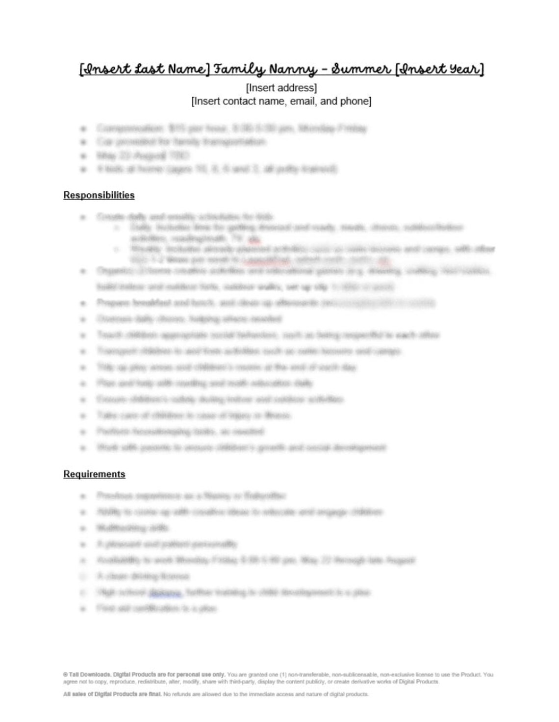 Instant Download: Family Nanny Job Description Template - Etsy