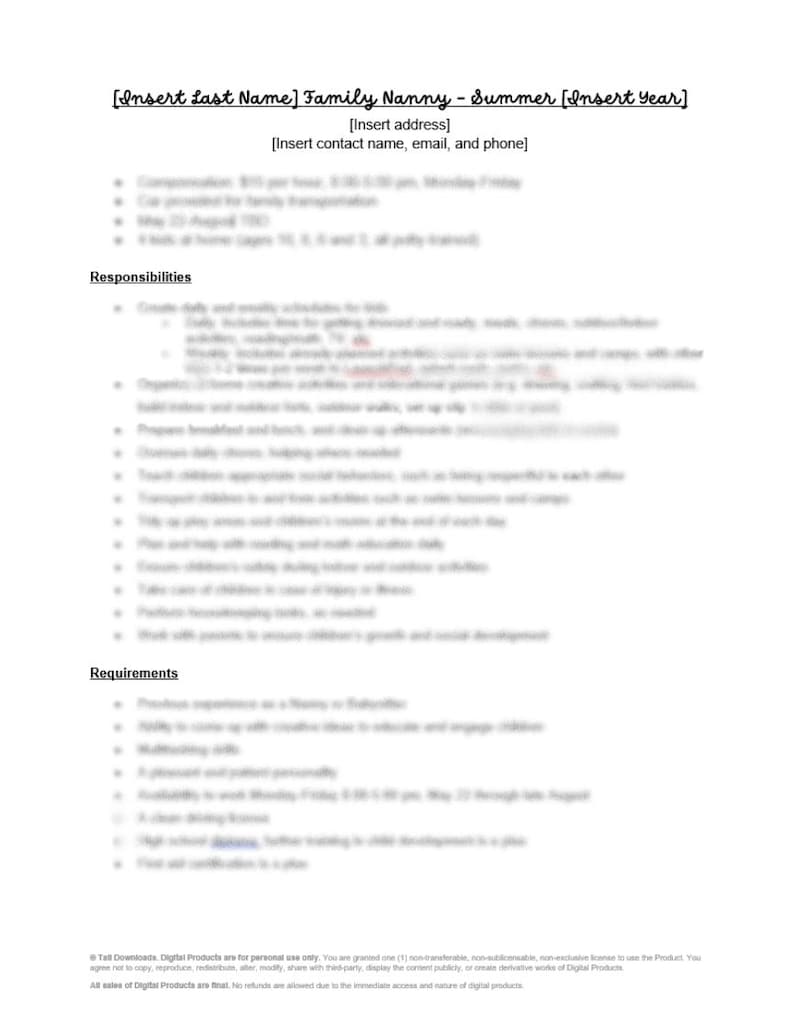 Instant Download: Family Nanny Job Description Template - Etsy