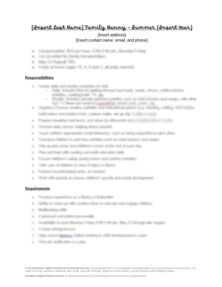 Instant Download: Family Nanny Job Description Template - Etsy