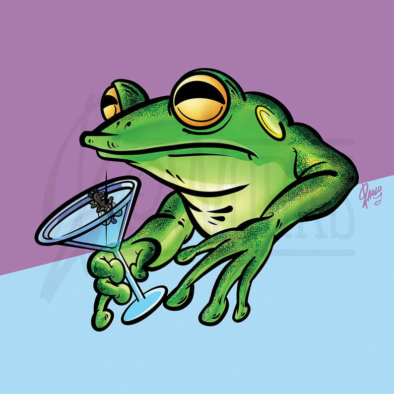 8x8 Art Print Original Classy Green Frog With Fly Martini Glass Limited ...