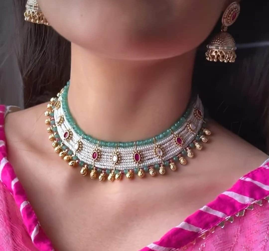 Clasic Jade Green Stone Choker Necklace With Jhumki / Jadau Pachi ...