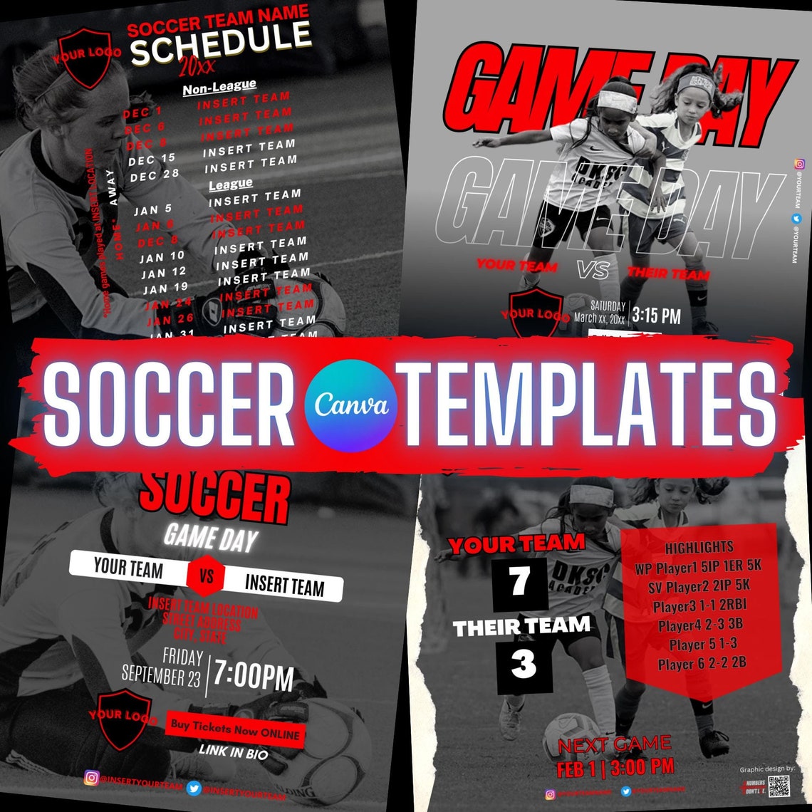 Soccer Social Media Pack Canva, Red and Black Editable Templates, Game ...