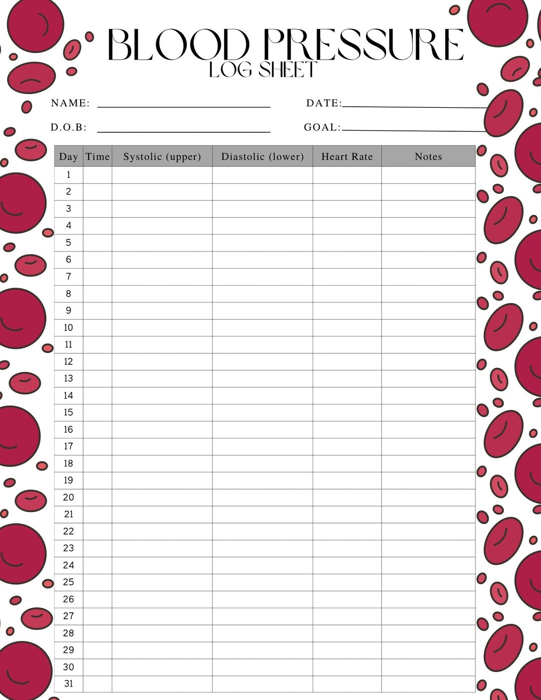 Blood Pressure Log: Printable Blood Pressure Log Sheet - Etsy