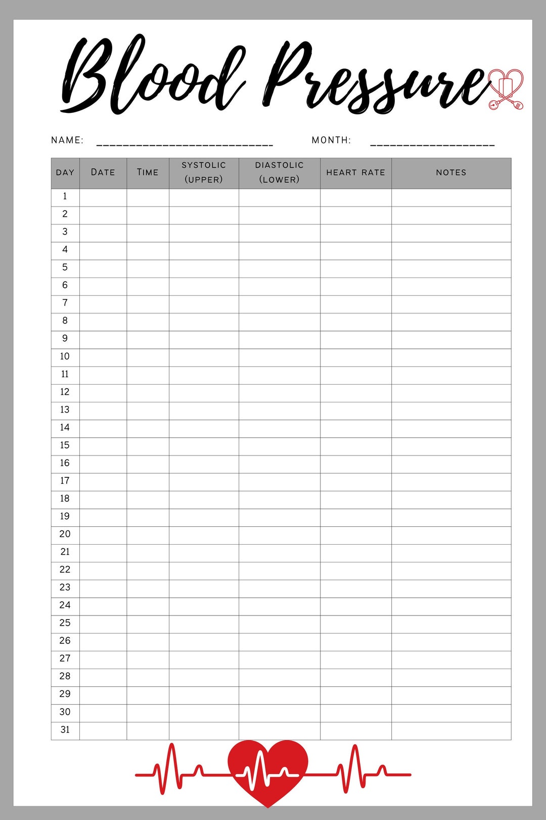 Blood Pressure Log Printable Instant PDF Download Editable Lupon gov ph