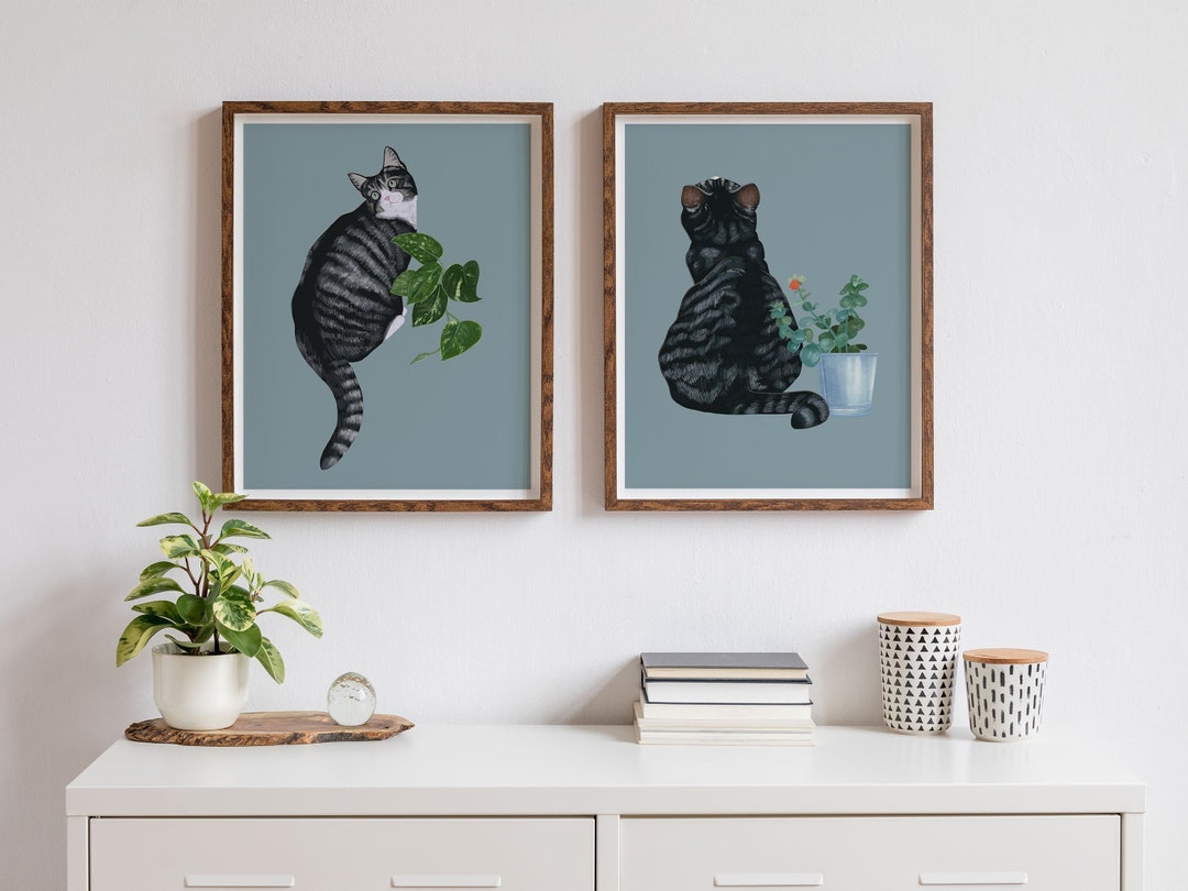 Cat and Plants Set of Two Art Prints Tuxedo Cat Wall Art - Etsy