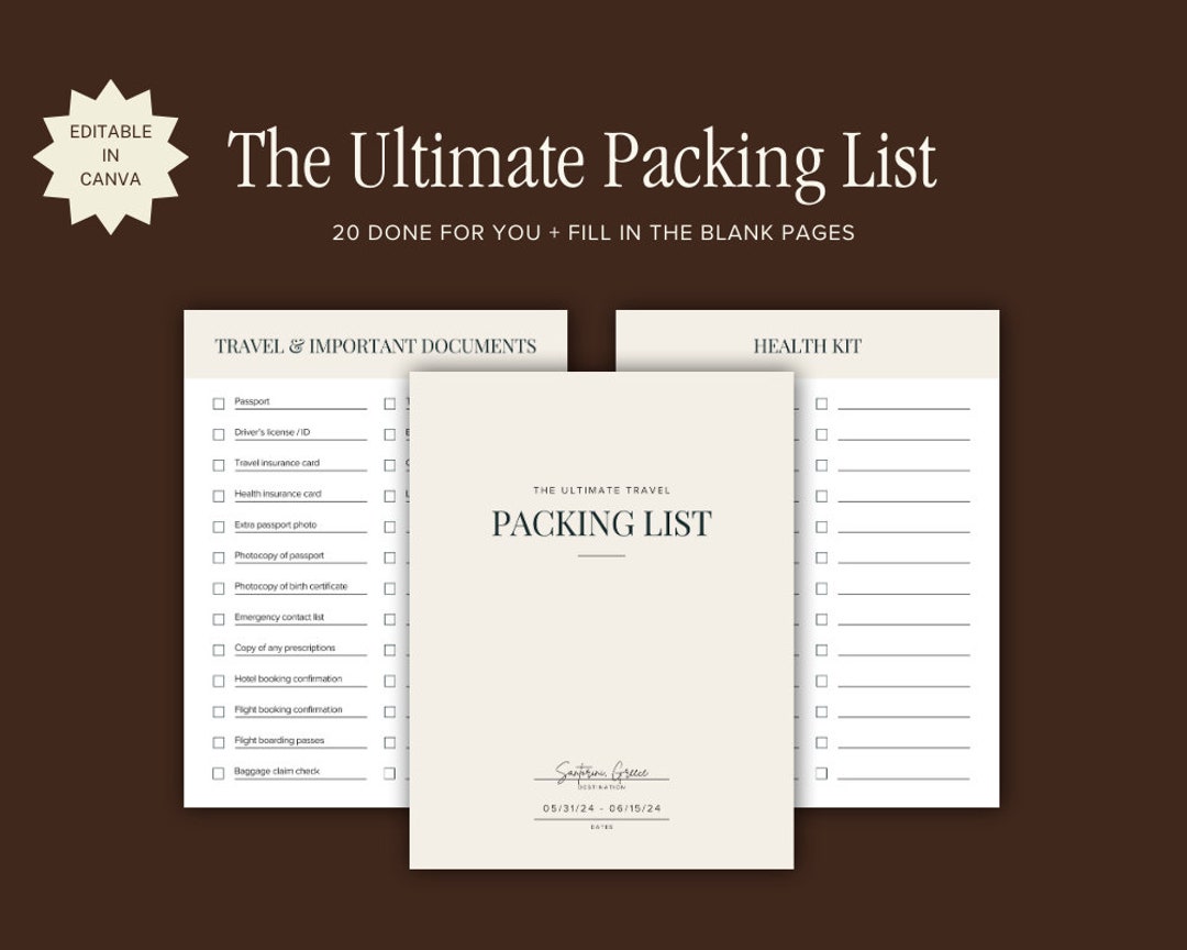 Editable Travel Packing List | Digital Travel Packing Checklist | Canva ...