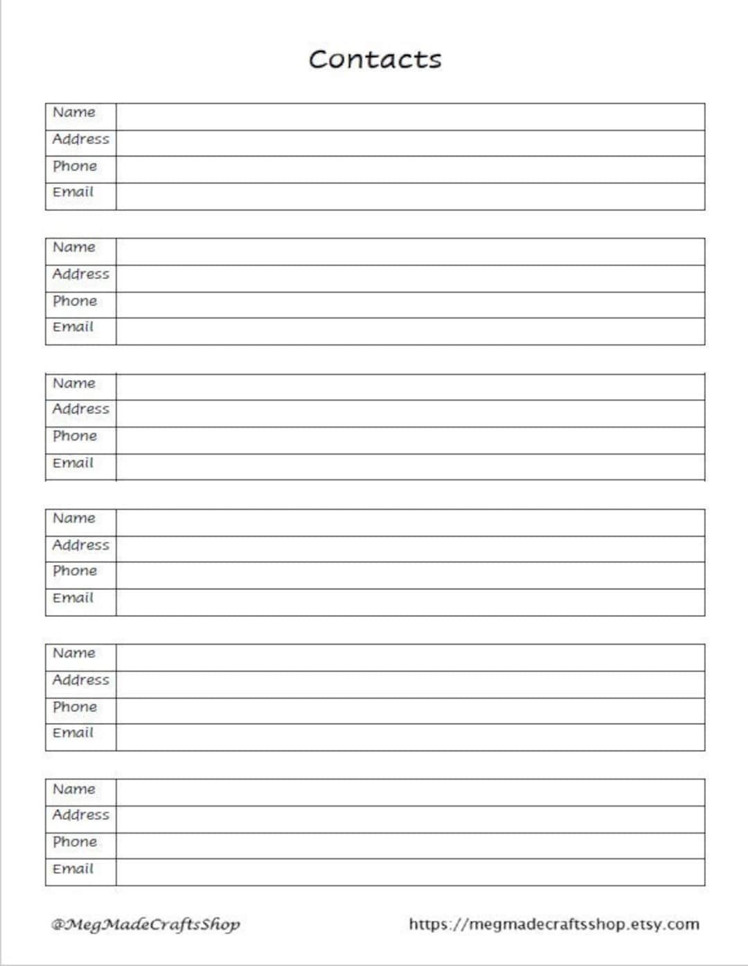 Minimalist Printable Contact Sheet – Customizable Digital Template ...