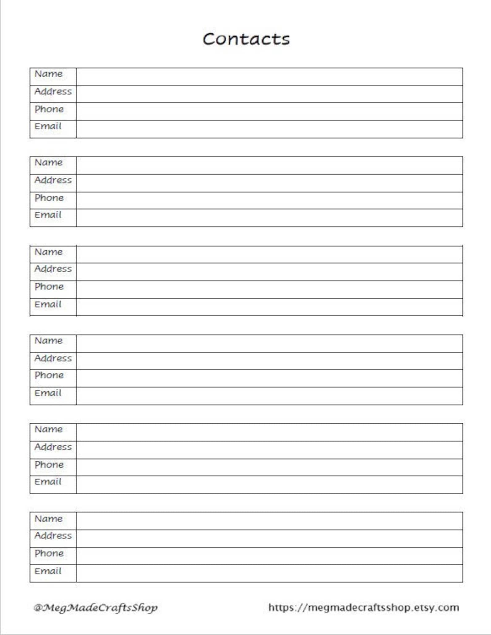 Minimalist Printable Contact Sheet – Customizable Digital Template ...