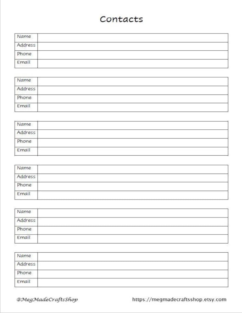 Minimalist Printable Contact Sheet – Customizable Digital Template ...