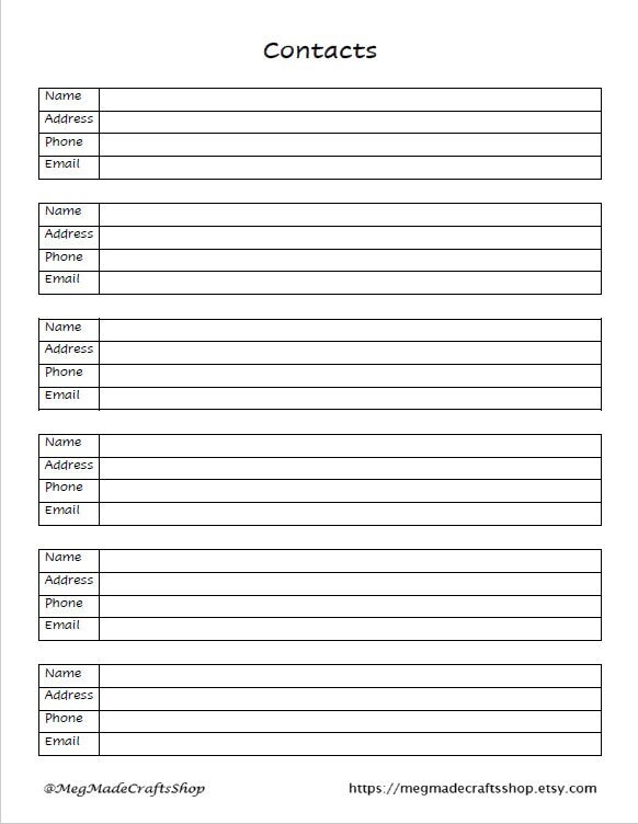Minimalist Printable Contact Sheet – Customizable Digital Template ...
