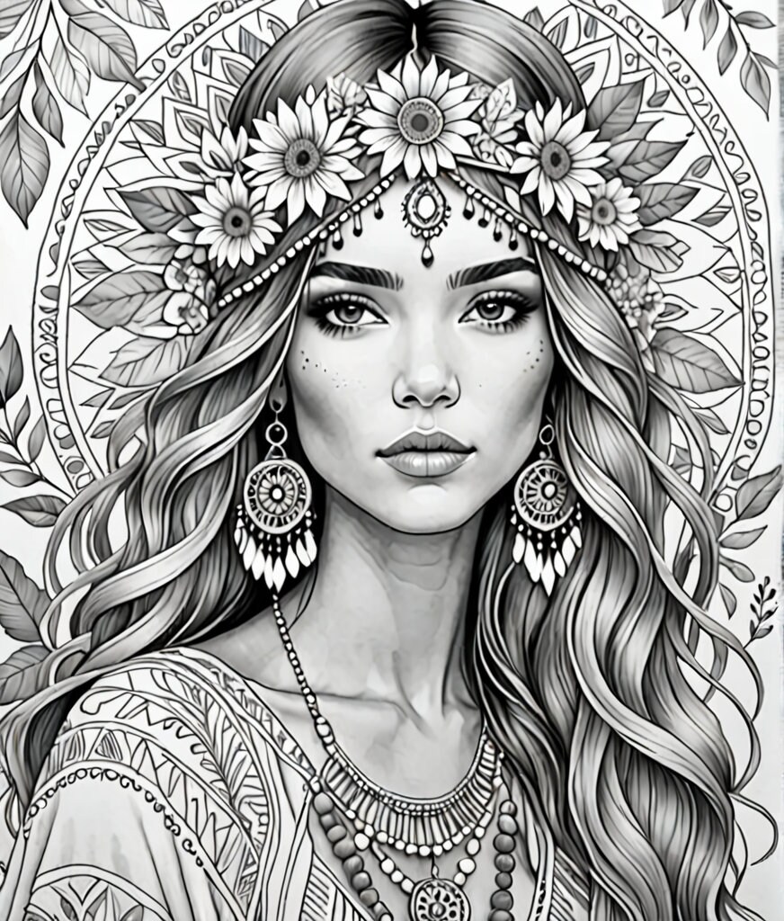 Boho Women Coloring Page - Etsy