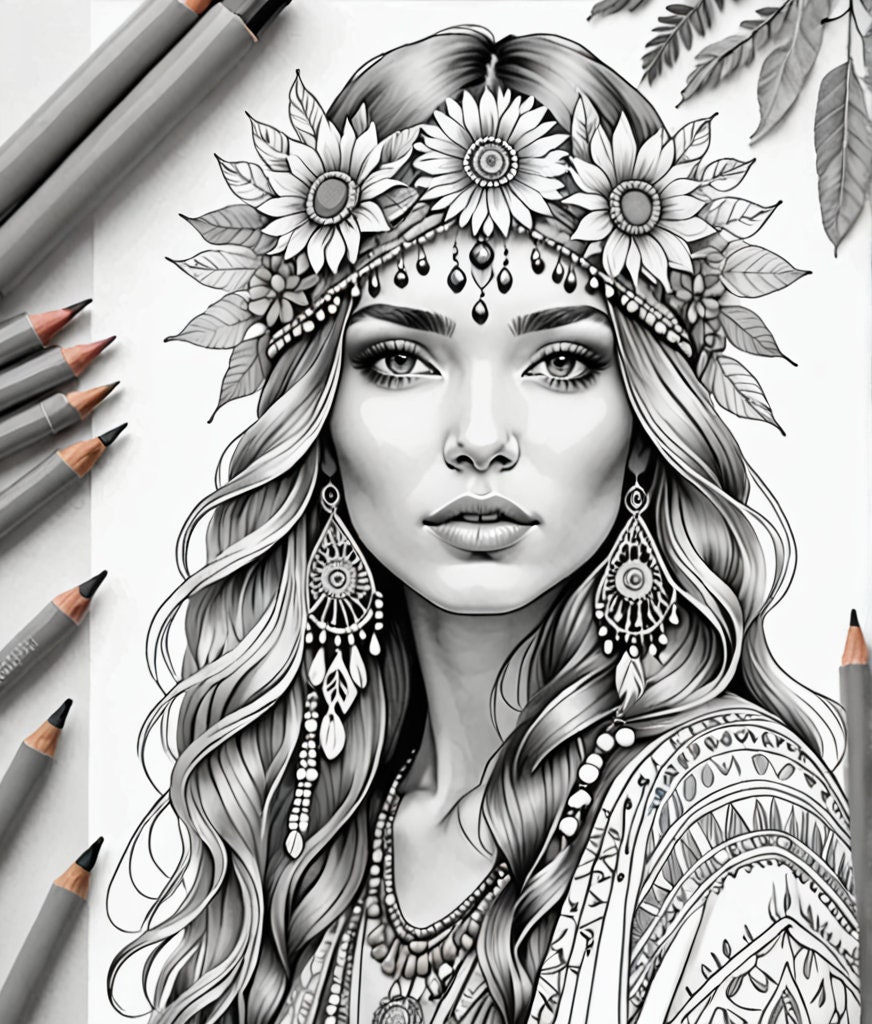 Boho Women Coloring Page - Etsy
