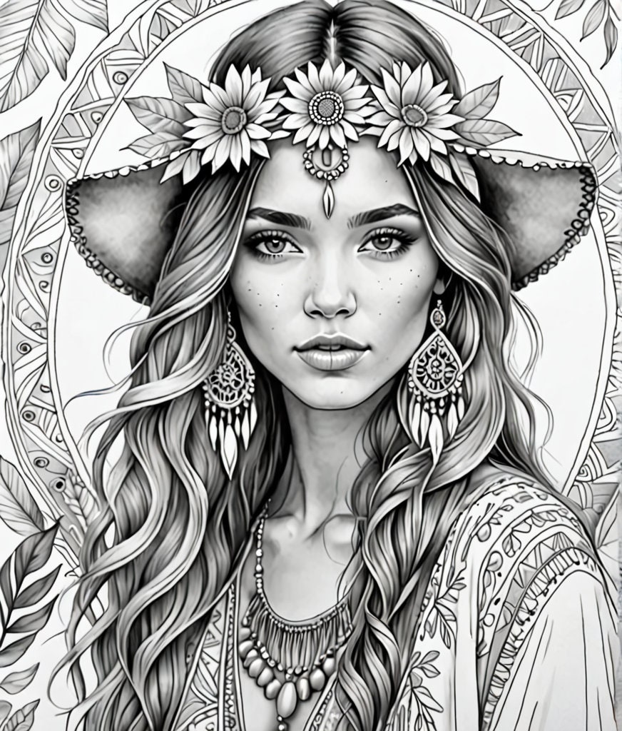 Boho Women Coloring Page - Etsy
