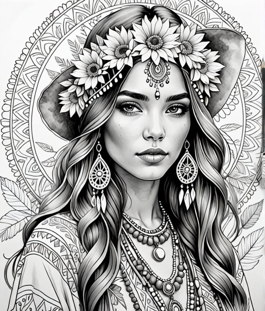 Boho Women Coloring Page - Etsy