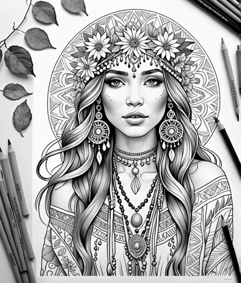 Boho Women Coloring Page - Etsy