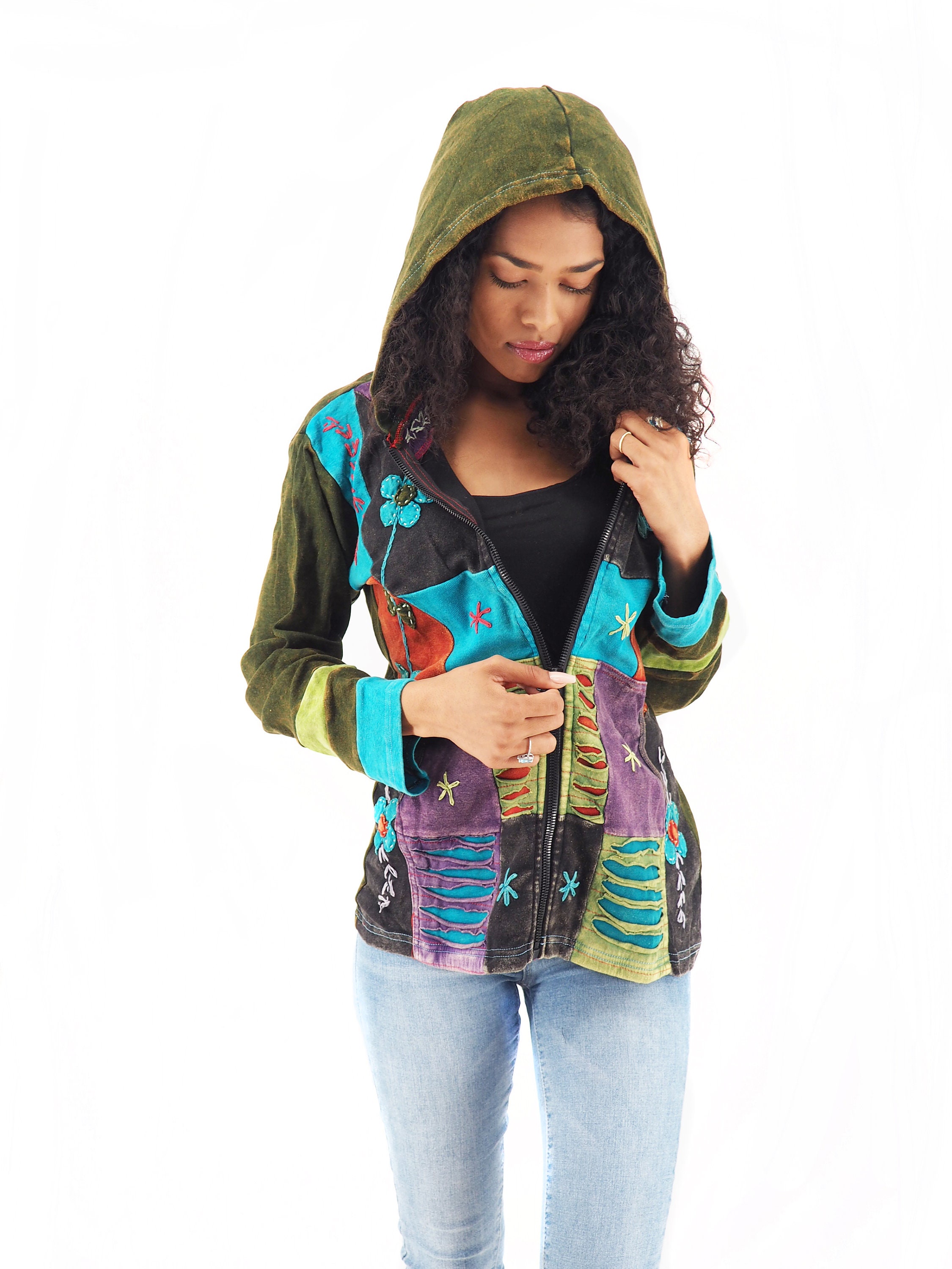 Handmade Patchwork Boho Hippie Hoodie 100% Pre-washed Cotton Fleece ...
