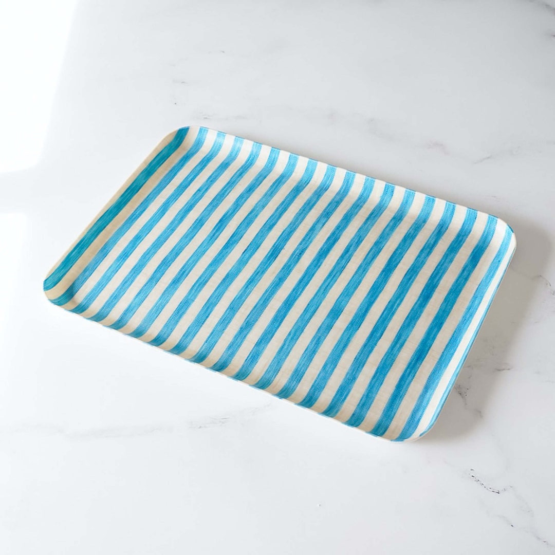 Blue Striped Linen Coated Tray by Fog Linen Work | Serving Tray | Food ...