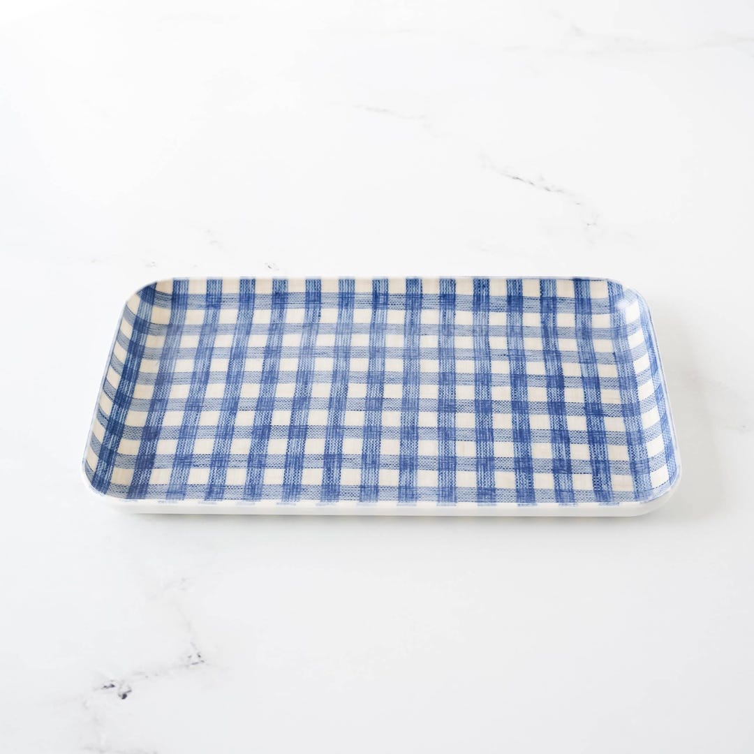 Blue Gingham Check Linen Coated Tray | Fog Linen Work | Serving Tray ...