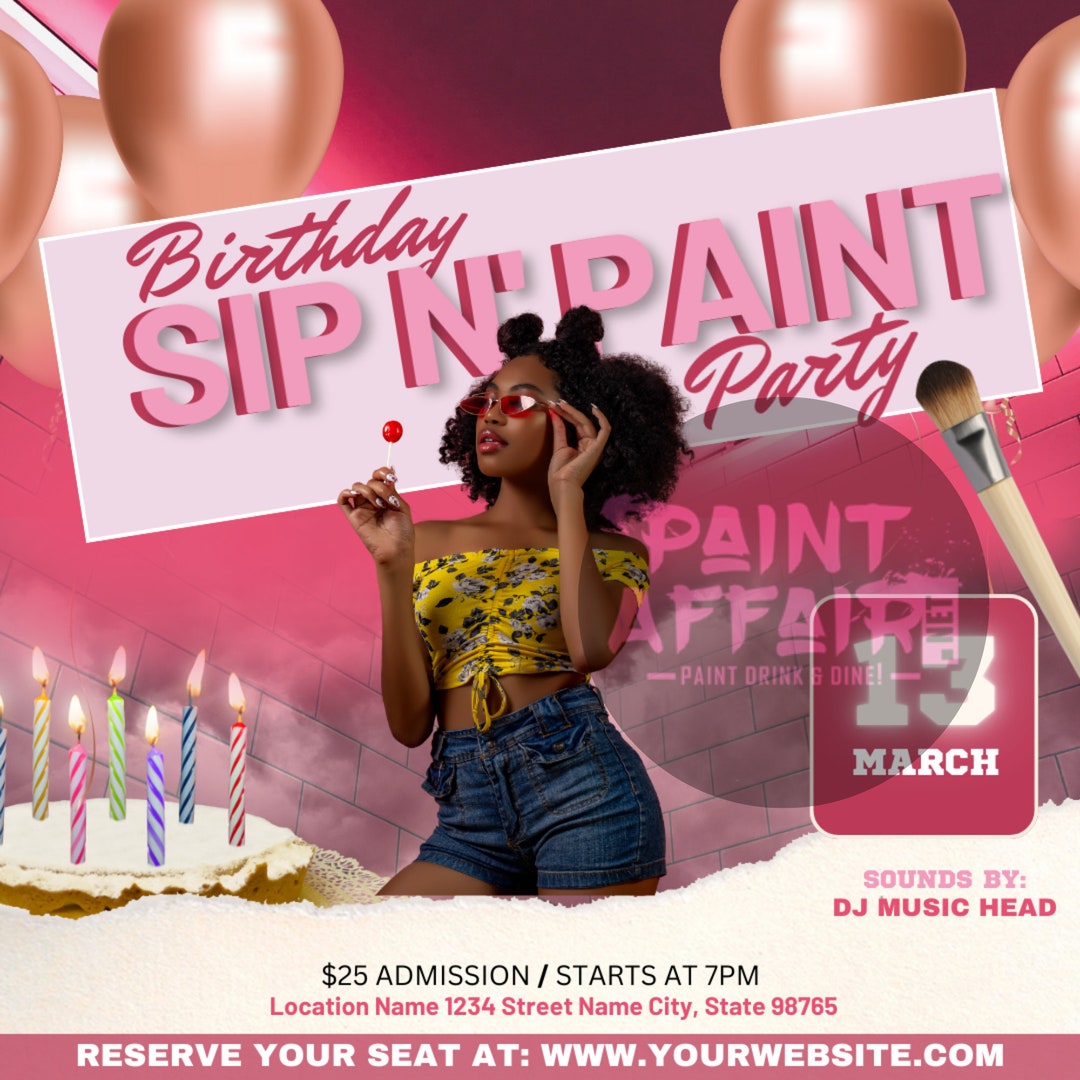 Pink Sip and Paint Birthday Flyer. Sip and Paint Invitation, Sip and ...