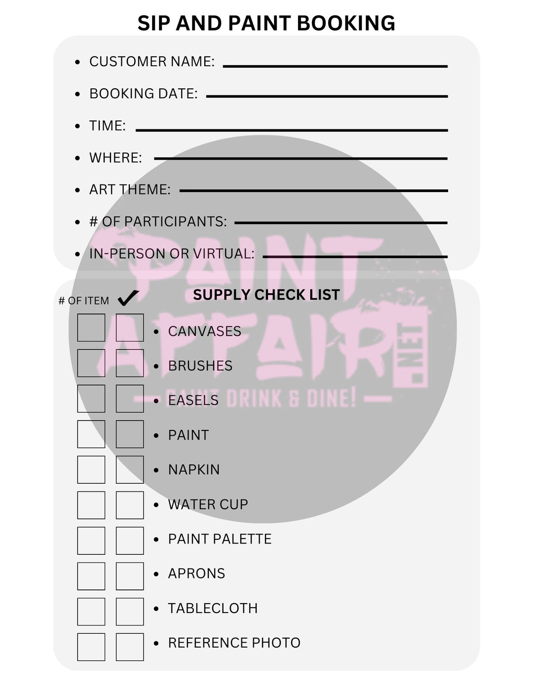 Sip and Paint Check List - Etsy