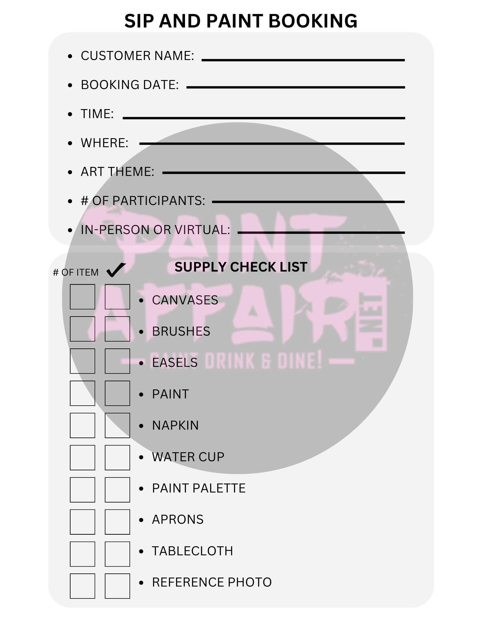 Sip and Paint Check List - Etsy