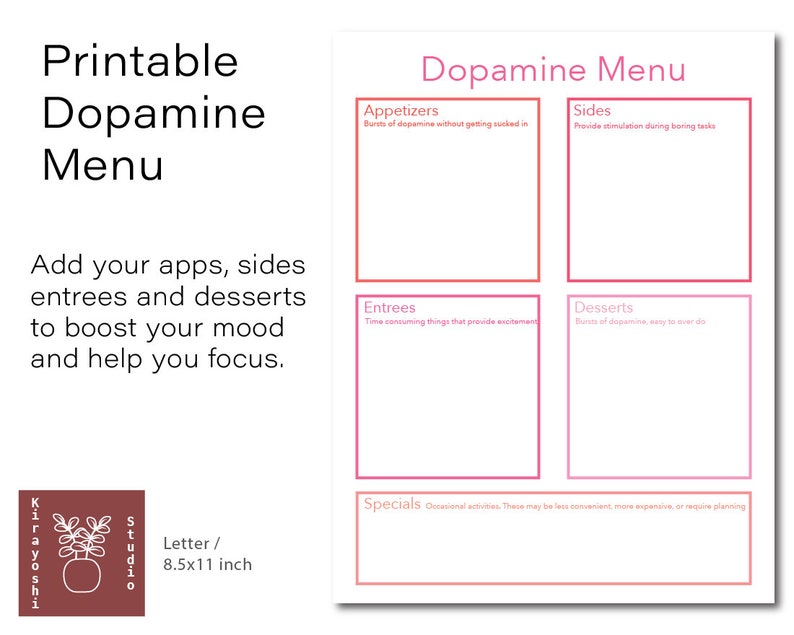 Printable Dopamine Menu Worksheet | Worksheet for Planning, Tracking ...