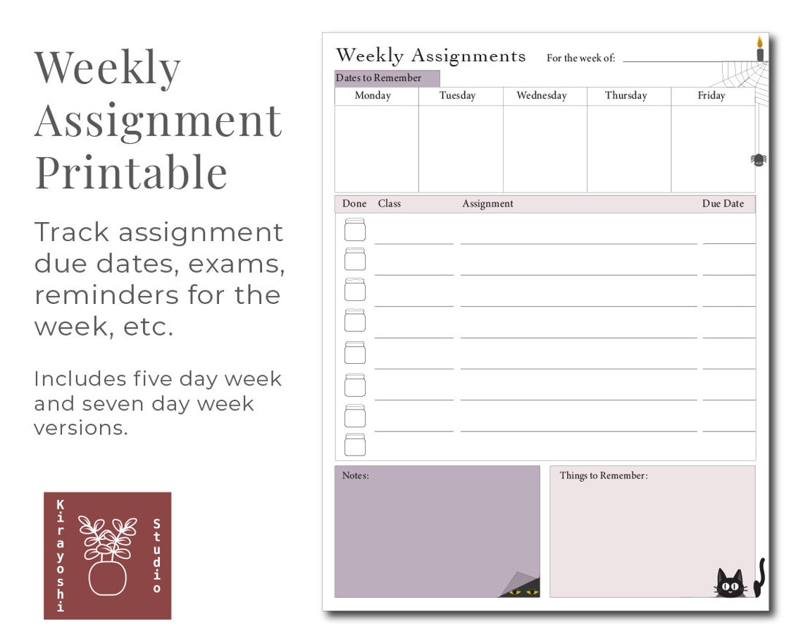 Two Page Printable Weekly Assignment Tracker | Weekly Homework and Exam ...