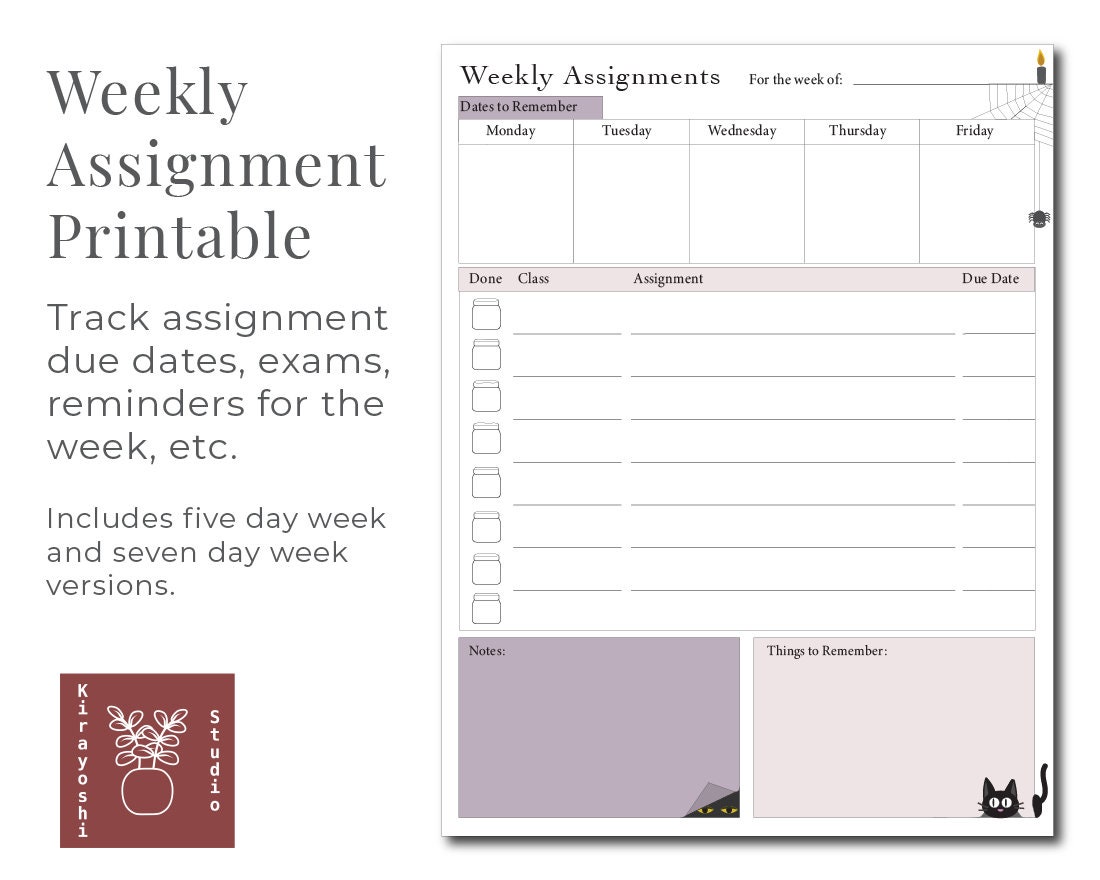 Two Page Printable Weekly Assignment Tracker | Weekly Homework and Exam ...