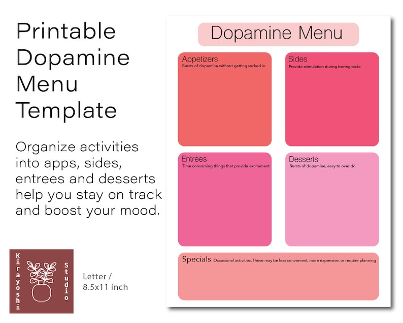 Printable Dopamine Menu Worksheet | Worksheet for Planning, Tracking ...