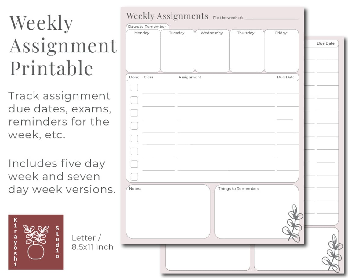 Printable Weekly Assignment Tracker - Two Pages | Weekly Homework ...