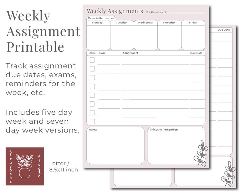 Printable Weekly Assignment Tracker - Two Pages | Weekly Homework ...