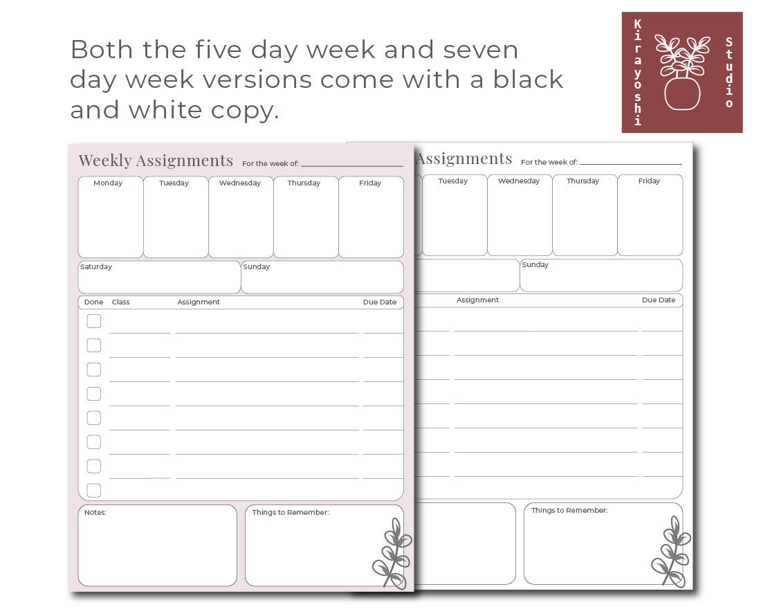 Printable Weekly Assignment Tracker - Two Pages | Weekly Homework ...